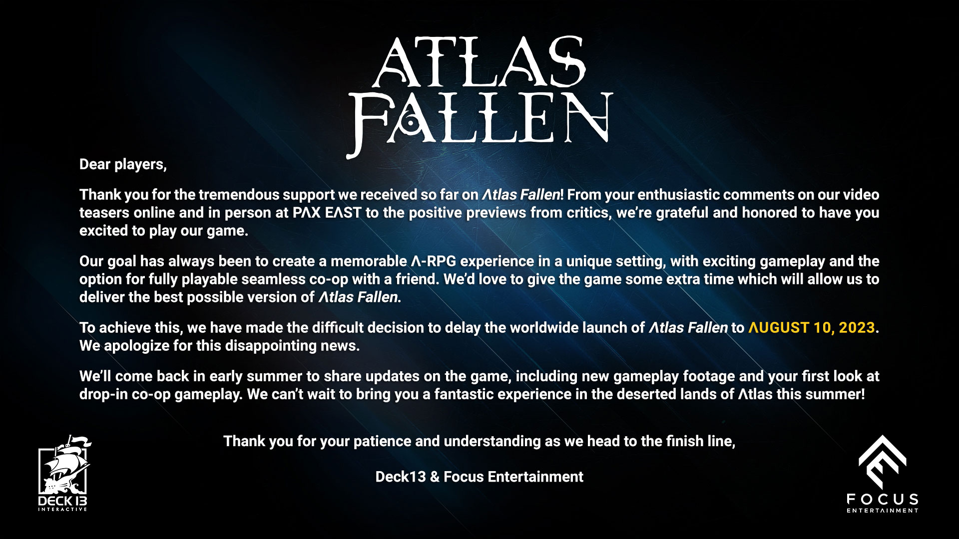 Deck 13’s action rpg Atlas Fallen delayed to August
