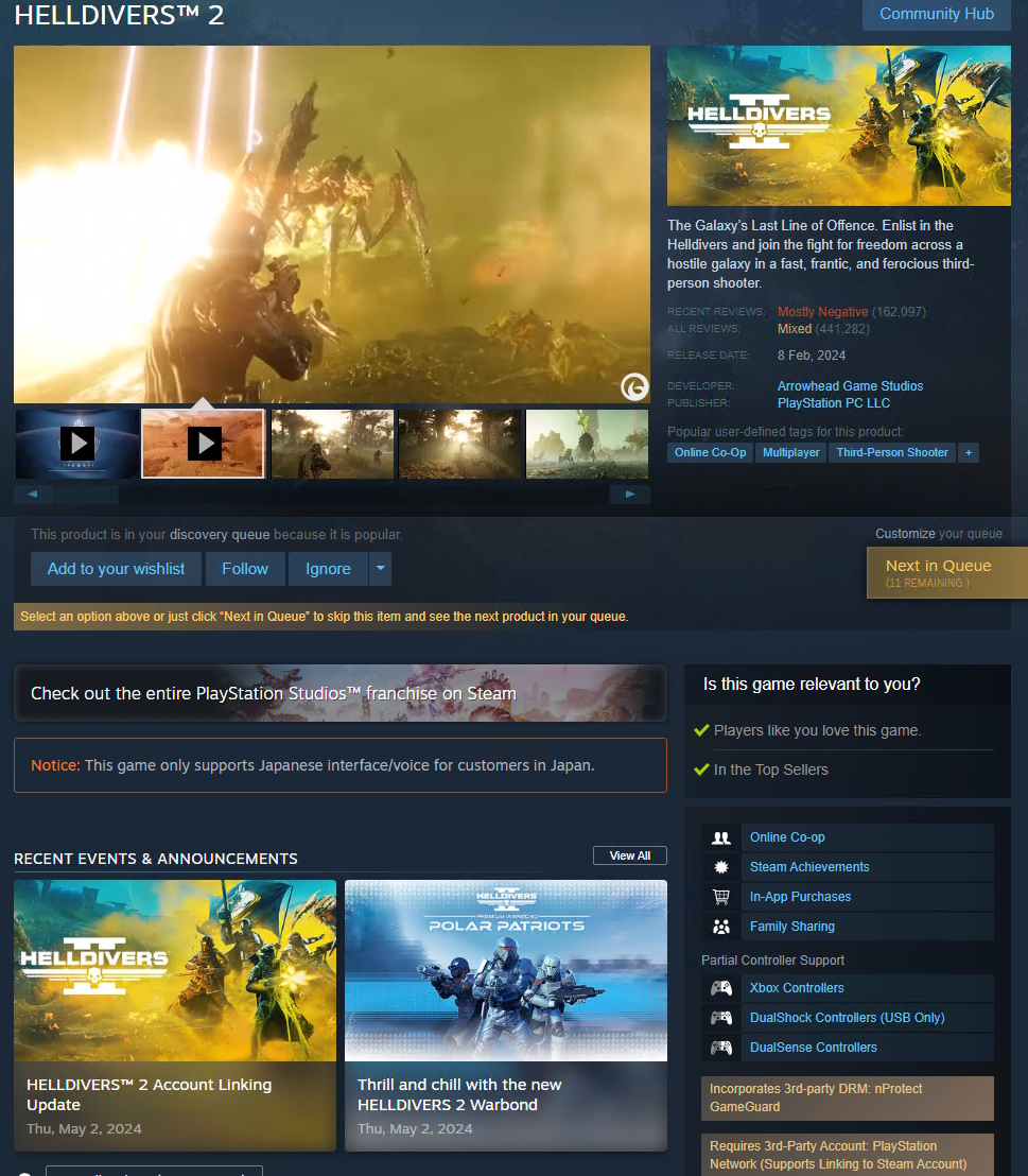 Steam Providing Refunds for Helldivers 2 and Blocks Sale of the Game in Various Countries